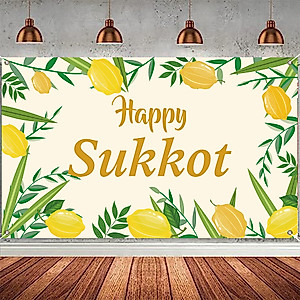 LOONELO Happy Sukkot Backdrop Banner with 70.8"X43.3", Happy Sukkah Backdrop Banner, Etrog Lulav Jewish Holiday Photography Background for Photo Booth Wedding Birthday Sukkot Party Decorations