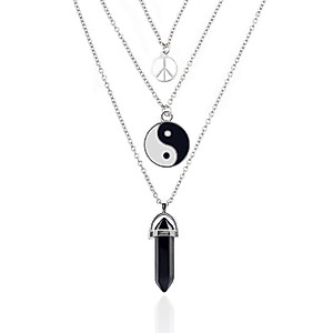 MJartoria Gothic Necklaces Chakra Yin Yang and Peace Sign Charm Pendant Multlayered Alloy Chain Choker Necklace Set Gothic Jewelry(Black)