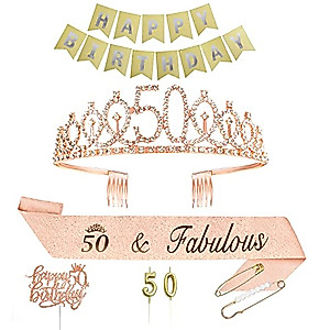 50th Crown and Sash Set | Include 50th Tiara and "50 & Fabulous" Sash | Happy Birthday Cake Topper | 5&0 Candles | Birthday Banner and Peal Pin | 50th Birthday Decoration for Women Lady 50 Birthday Gift