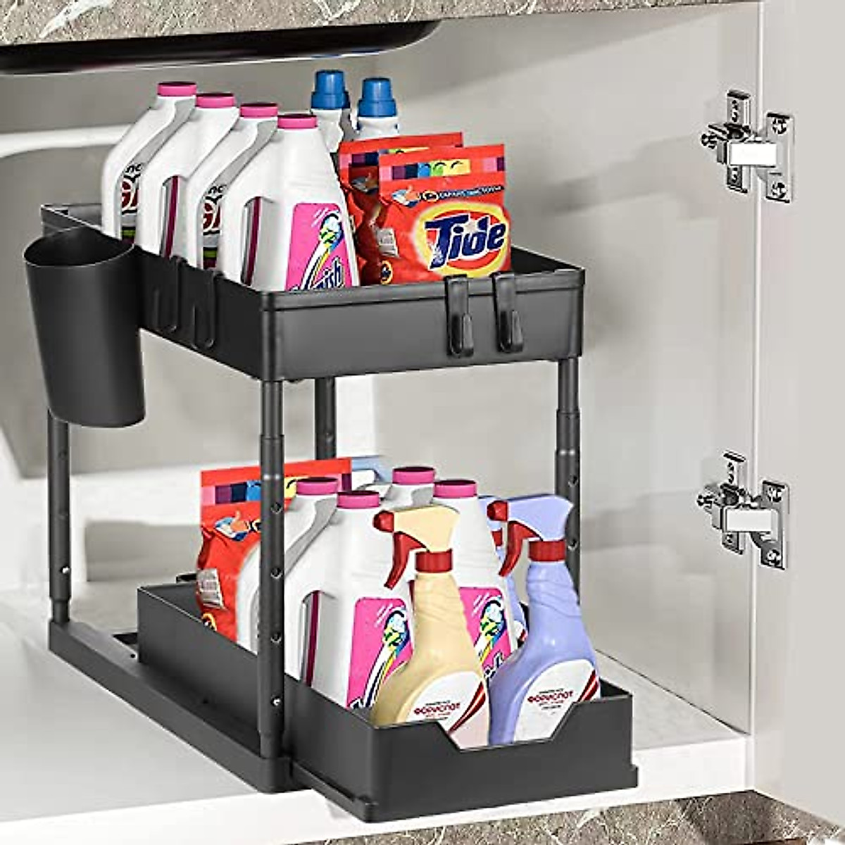 Eufrozy 2 Pack 2-Tier Under the Sink Organizer Bathroom, Sliding Under Cabinet Basket Organizer Adjustable Height Under Sink Storage for Kitchen Shelf Multi-Purpose Rack Drawer with 8 Hook 2 Cup