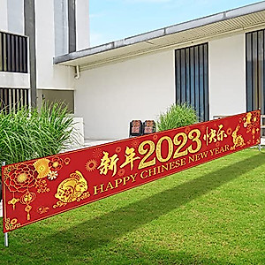 Chinese New Year Decorations 2023, 10 x 1.6 ft New Year Party Supplies, Large Happy Chinese New Year Banner, Year of the Rabbit Party Banner for Chinese Spring Festival Supply Outdoor Indoor Decor