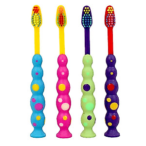 gHTN 4 X Ball Polka Dot Toothbrush Set Suction Cup Stand Soft Bristles Kids Oral Care