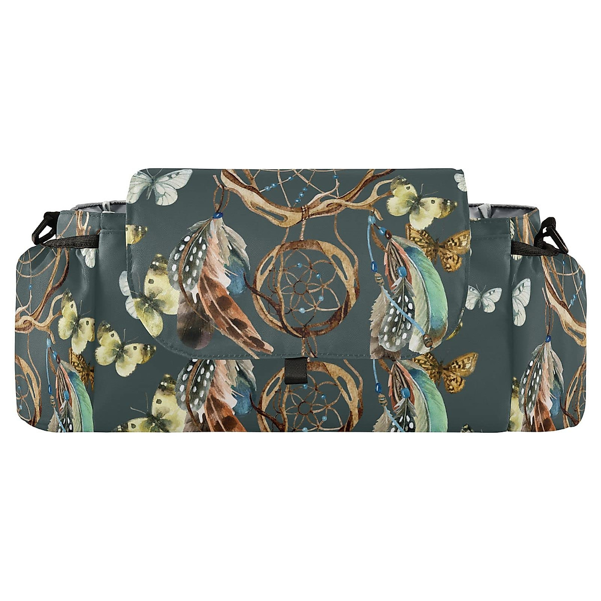 BOENLE Universal Baby Stroller Organizer with Two Insulated Cup Holders Dreamcatcher Butterfly Branch Detachable Zipper Bag,Large Capacity for Baby Essentials