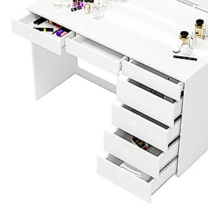 Boahaus Joan Vanity Makeup Desk with 7 Drawers, Wide Hollywood Vanity Mirror, No Lights Add-on Included, White Vanity Painted Makeup Table, Vanity Dresser with Mirror for Bedroom (New Version 04/2023)