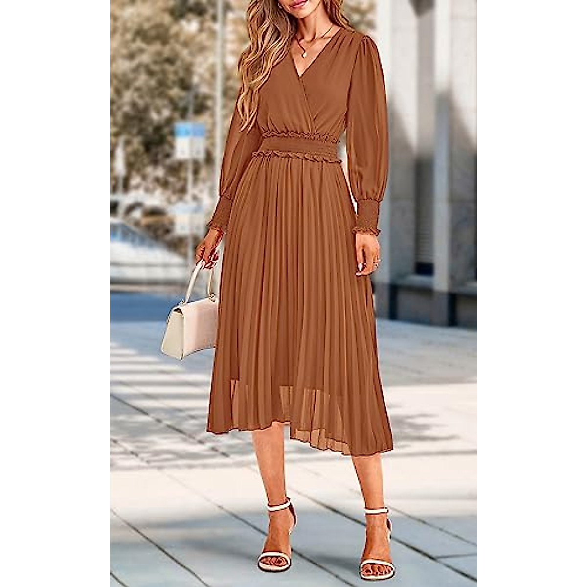 PRETTYGARDEN Wrap V Neck Fall Dresses for Women 2023 Long Sleeve Smocked Wedding Guest Dresses Flowy Pleated Midi Dress (Brown,X-Large)