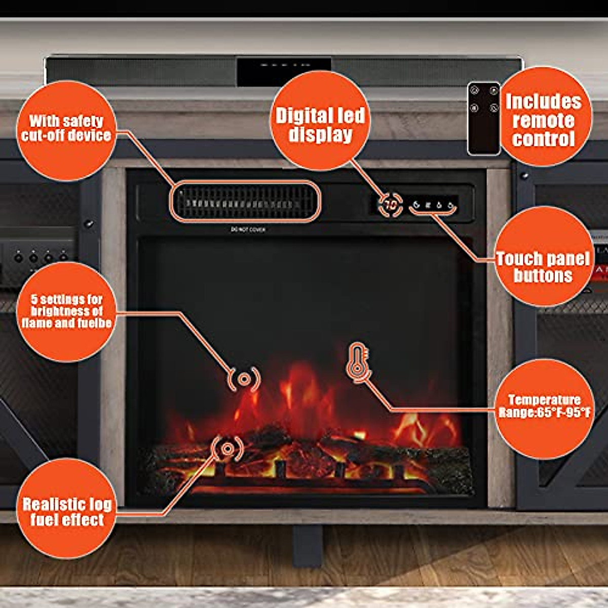 ENSTVER 58 Inch TV Stand Console W/Sliding Barn Door for TVs up to 65",with Fireplace and Remote Control,Grey(Log Set)