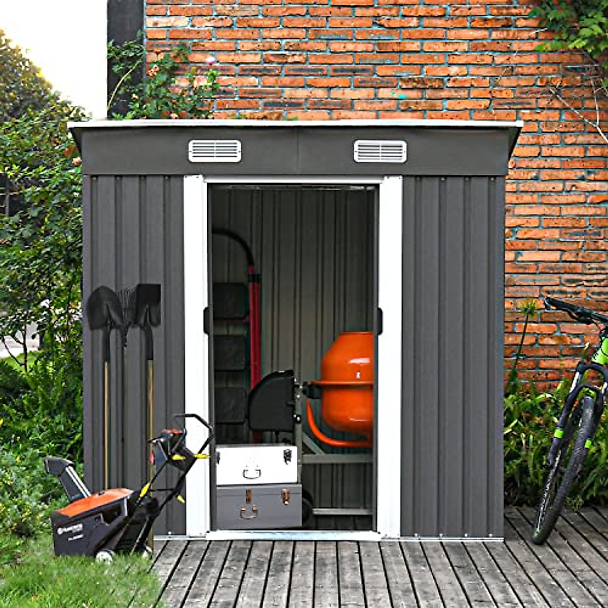 6 x 4 FT Outdoor Storage Shed, Metal Outside Sheds & Outdoor Storage with Sliding Doors and Vents, Steel Garden Shed Outdoor Utility Tool Shed with Pent Roof for Backyard Patio Garden Lawn, Grey