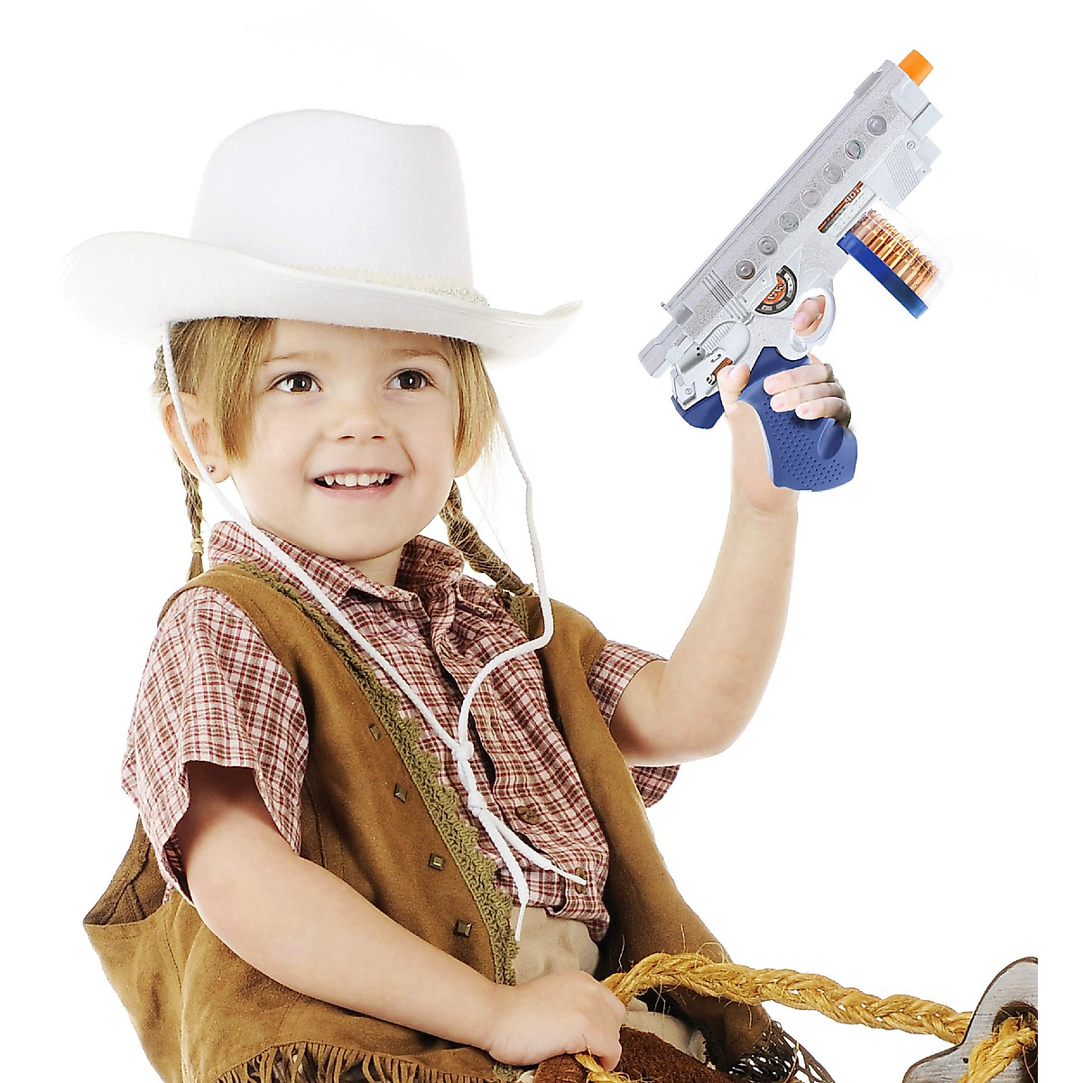 Mozlly Revolver Space Handgun Toy Set of 2 - Flashing LED Laser Guns for Kids with Sounds Effects, Realistic Blaster Gun Toy for Party Favors & Costume Dress Up Accessory Prop Pretend Play - 2 Pack