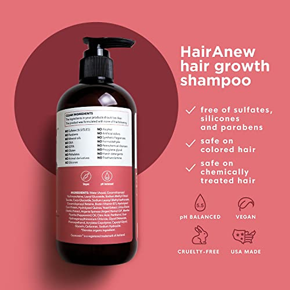 HairAnew Hair Growth Shampoo For Thicker, Stronger Hair | Perfect For Thin or Thinning Hair | Biotin Shampoo with Organic Argan Oil | Works for Women & Men, All Hair Types | Sulfate Free & Color Safe