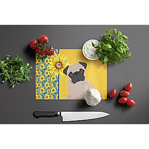 Caroline's Treasures WDK5472LCB Summer Sunflowers Fawn Pug Glass Cutting Board Large Decorative Tempered Glass Kitchen Cutting and Serving Board Large Size Chopping Board