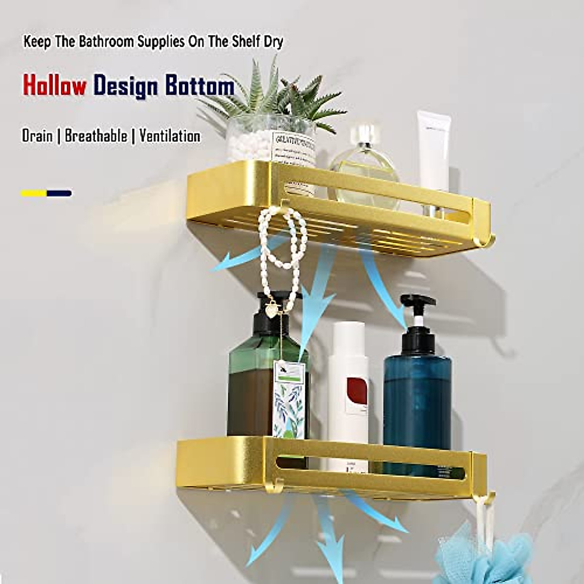 maifey Bright Gold Shower Caddy, Bathroom Shelves Wall Mounted, Metal Shower Shelves No Drilling, Shower Organizer Adhesive Installation, Antirust (2 Tiers)