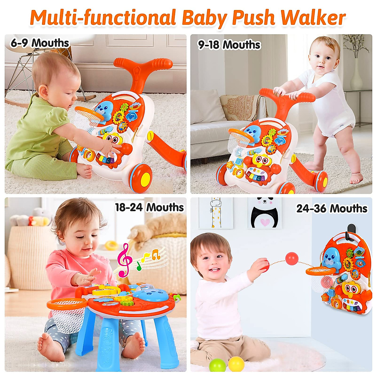 Baby Walker for 1 Year Old Boys Girls, Sit to Stand Learning Walker with Kids Early Active Center & Removable Play Panel, Toddler Push Walking Toy for 9 12 18 Months Christmas Birthday Gift