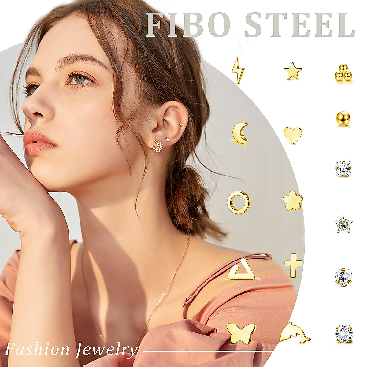 FIBO STEEL 16 Pairs Small Stud Earrings for Women Surgical Steel Tiny Cartilage Helix Ear Piercing Dainty Star Moon Cross Ball Heart CZ Earrings Set Gold tone