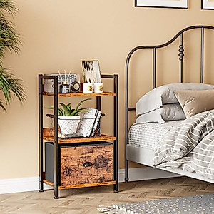 Furologee 3 Tier Bookshelf with Drawer, Small Bookcase with Shelves, Short Wood and Metal Book Shelf Storage Organizer, Industrial Freestanding Shelf Units for Bedroom, Living Room, Dorm, Rustic Brown