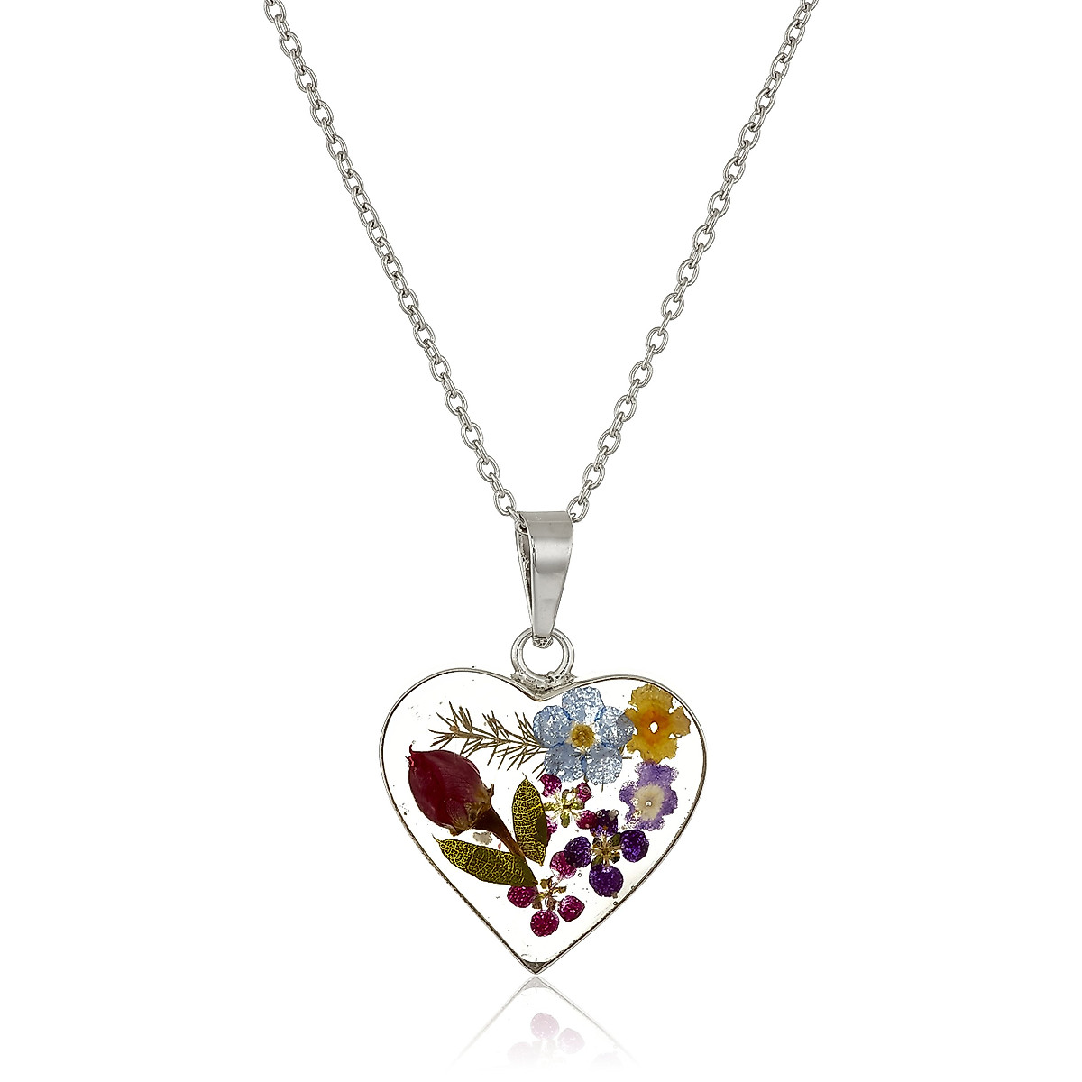 Amazon Essentials Sterling Silver Multi-Colored Pressed Flower Heart Pendant Necklace, 16" (previously Amazon Collection)