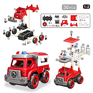 4-in-1 Take Apart Toys Truck with Electric Drill, DIY Assembly Fire Truck Toy Vehicles, Kids STEM Building Educational Cars Toys, Birthday Gifts for Age 3 4 5 6 7 8 Years Old Boys Girls