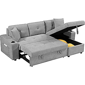 GAOPAN Modern Linen Sectional Sleeper Sofa Bed Convertible L-Shape Couch with Storage Chaise Lounge,Side Pockets,Cup Holders,2 Pillows for Living Room Apartment Furniture, Light Gray