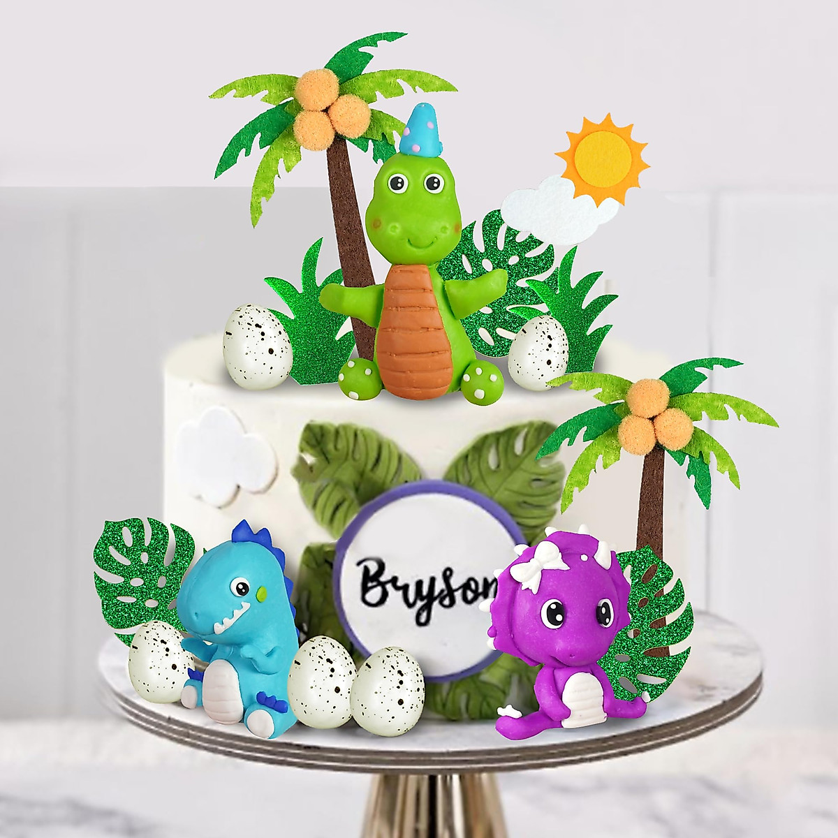 Dinosaur Cake Toppers Clay Dinosaurs Palm Leaves Dinosaur Eggs for Boy Girl Kid Birthday Baby Shower Dinosaur Theme Jungle Party Supplies (Multicolor)