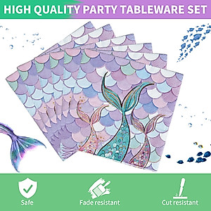 Mermaid Paper Plates and Napkins for Kids Party Purple Mermaid Tail Theme Plates Forks Set Disposable Tableware Girls Birthday Dessert Tea Party Decoration Under the Sea Supplies