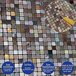 YMMXGE Peel and Stick Metal Backsplash Tile Stick on Kitchen 3D Wall Decor Aluminum Mosaic Tiles for Bathroom, 11.81"x11.81"x0.15" (5,Silver Gold Copper Mixed)