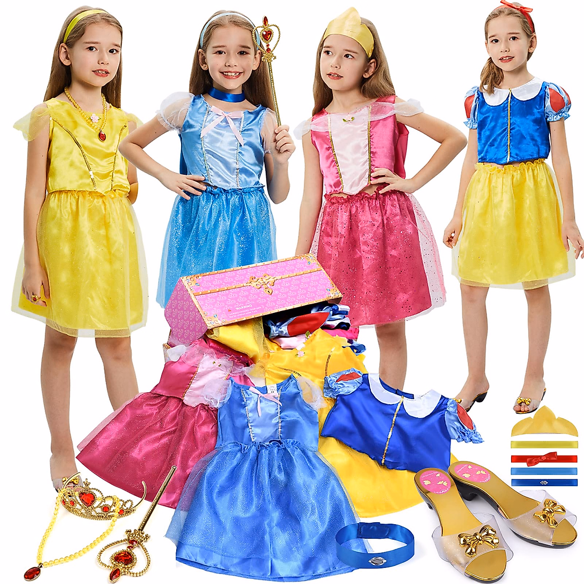 Latocos 17 Pcs Girls Princess Dress Up Trunk Role Play Cosplay Set with Princess Shoes Crown Accessories Princess Costume for Kids Age 3-6 Years