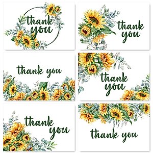 AnyDesign 36Pack Sunflower Eucalyptus Thank You Cards Bulk Watercolor Floral Greeting Cards with Envelopes Matching Seal Stickers Flower Note Cards for Wedding Birthday Baby Shower Bridal Party
