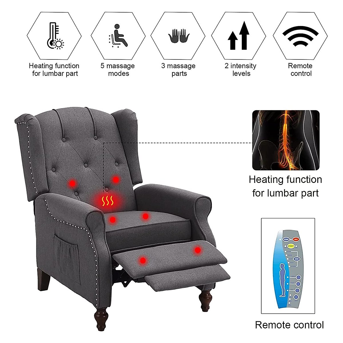 B BAIJIAWEI Tufted Wingback Recliner - Massage & Heat Function - Fabric Push Back Recliner with Remote Control, Adjustable Backrest (Grey)