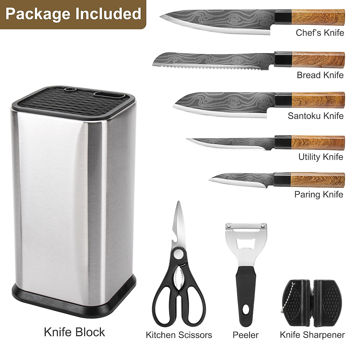 RedCall Knife Set,9 Piece Kitchen Knife Block Set,High Carbon Stainless Steel Ultra Sharp Knife Set with Block for Kitchen,Chef Knife, Bread Knife, Scissor, Sharpener with Universal Knife Block Holder