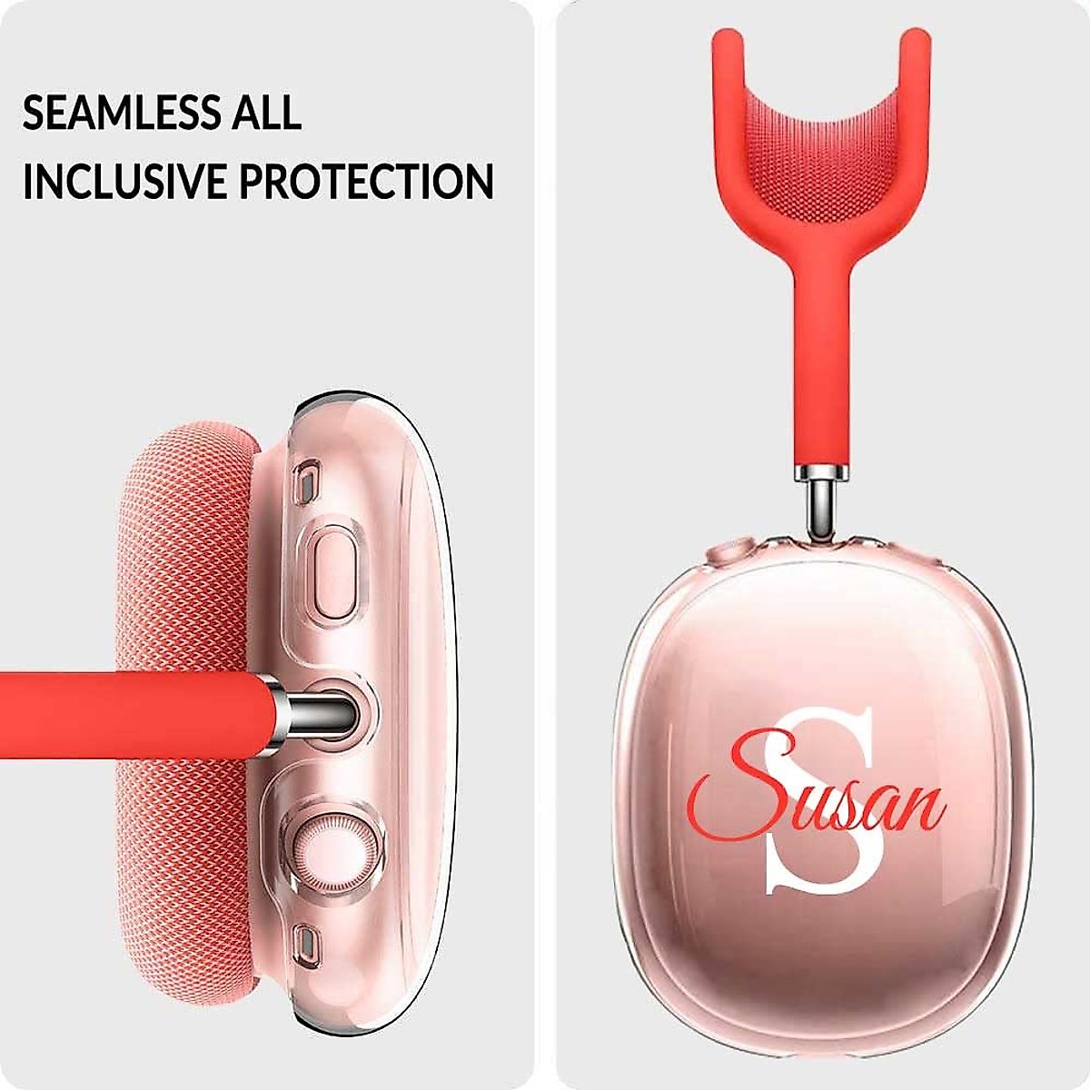 Custom Name & Initial Crystal Clear Case for Apple AirPod Max，Thin Customized Signature Transparent Protective Ear Cup Covers (Clear Pink)