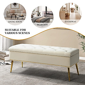 HULALA HOME Modern Velvet Storage Ottoman Bench with Gold Base & Nailhead Trim, Upholstered Bedroom Bench for End of Bed, Button-Tufted Footstool for Entryway Living Room Dining Room, Ivory