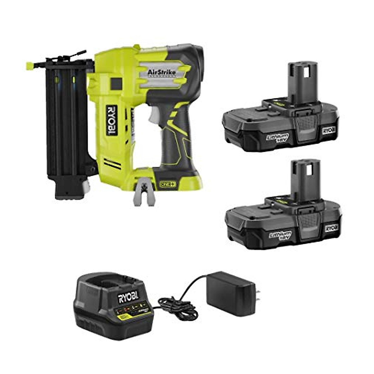 Ryobi 18 Volt Air Strike 5/8-2in Brad Nailer P320 + (2) Batteries P102 + Charger P118 (Renewed)