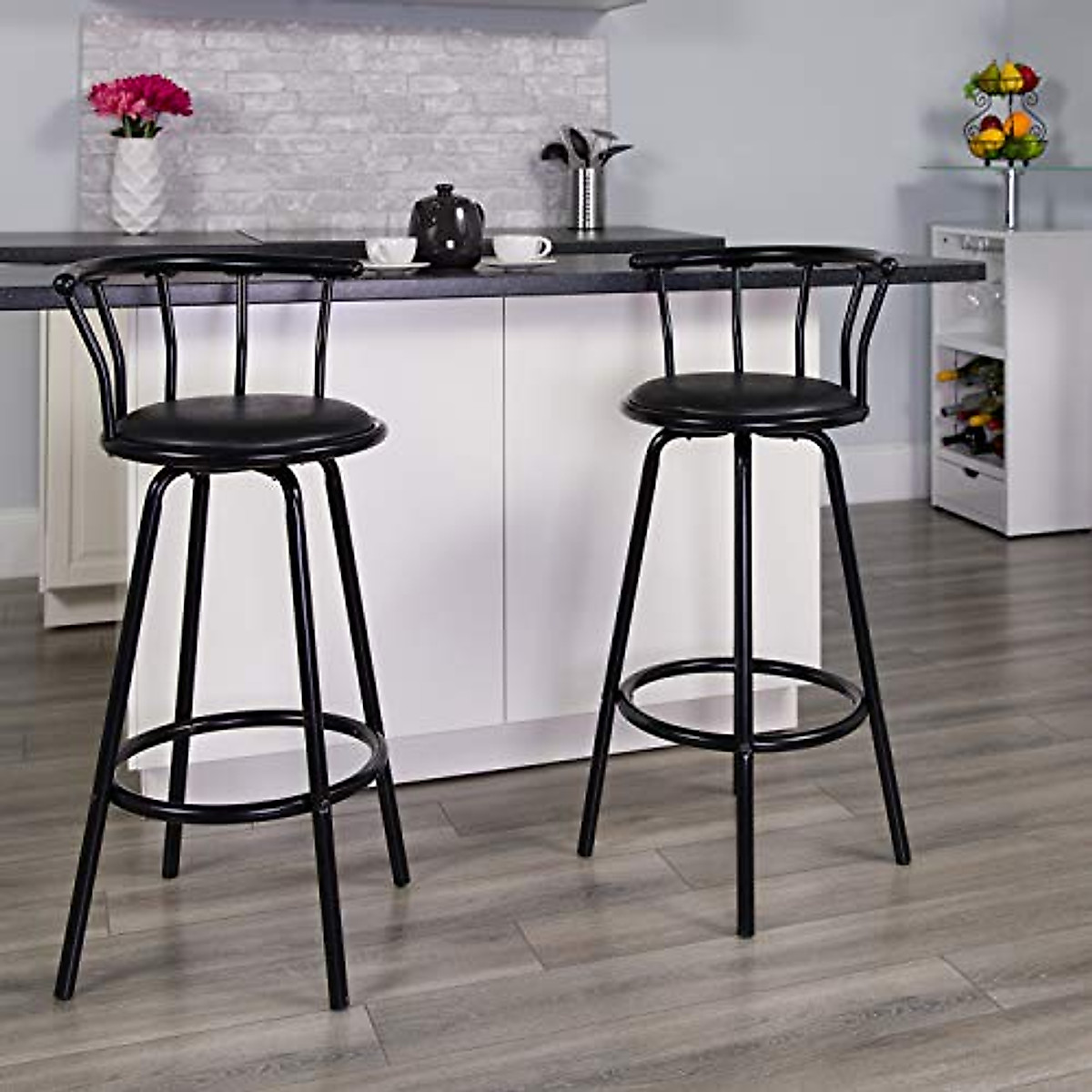 Flash Furniture Charla Crown Back Black Metal Barstool with Black Vinyl Swivel Seat