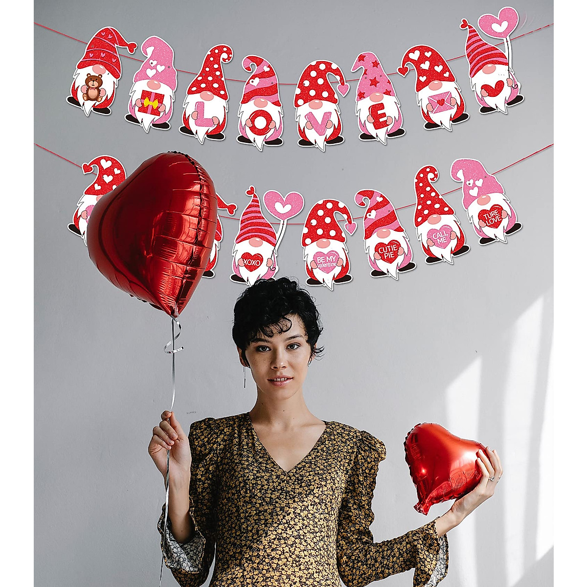 PTFNY 2 Pieces Valentines Gnomes Garland Banner Valentine's Day Gnomes Decorations Banners for Valentines Day Indoor Outdoor Bridal Shower Anniversary Wedding Party Decorations