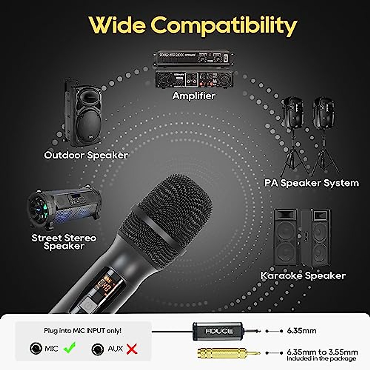 FDUCE Wireless Microphone, Karaoke Mic, UHF Dual Handheld Dynamic System with Rechargeable Receiver for Party, Church, Meeting, Wedding, 260ft (Grey and Gold)
