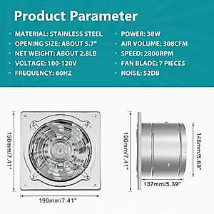 HG Power 6 Inch Kitchen Exhaust Fan, Powerful Bathroom Fan with Damper, Potable Window Small Fume Extractor Ventilation Fan for Shop, Smoking Room, Garage, Silver
