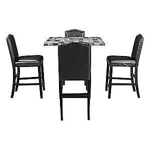 YuiHome Set 5 Piece Matching Bottom Shelf for Dining Room, Faux Marble Kitchen 4 Persons,Black Chair+Gray Table