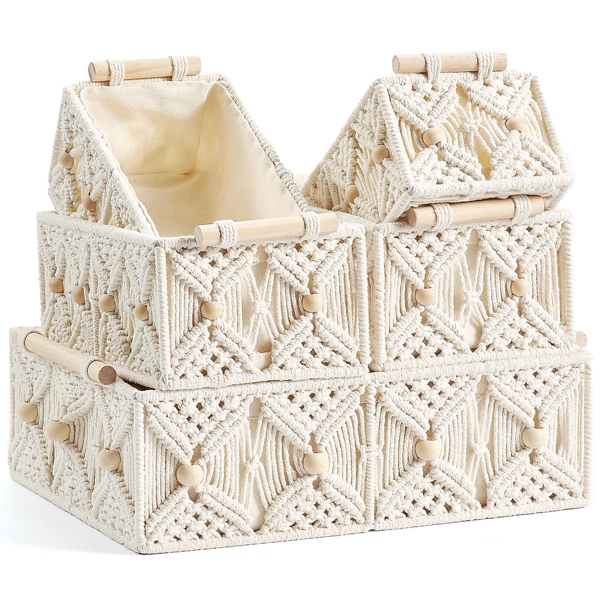 VinneGenzz 5PCS Decorative Boho Macrame Storage Baskets Handmade Bohemian Box Natural Cotton Rope Woven Bins with Wooden Handles Countertop Toilet Tank Shelf Organizer - Off White with Wood Beads