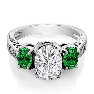 Gem Stone King 2.80 Cttw White Moissanite and Green Created Emerald 3-Stone Engagement Ring In 925 Sterling Silver | 3 Stone Wedding Anniversary Promise Ring For Women (Size 6)