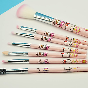 7 PCS Kitty Makeup Brush with Kitty Cat Mirror-Cosmetic Makeup Brush Set Tool Kit Set Brush Set Best Gift for Young Girl Women