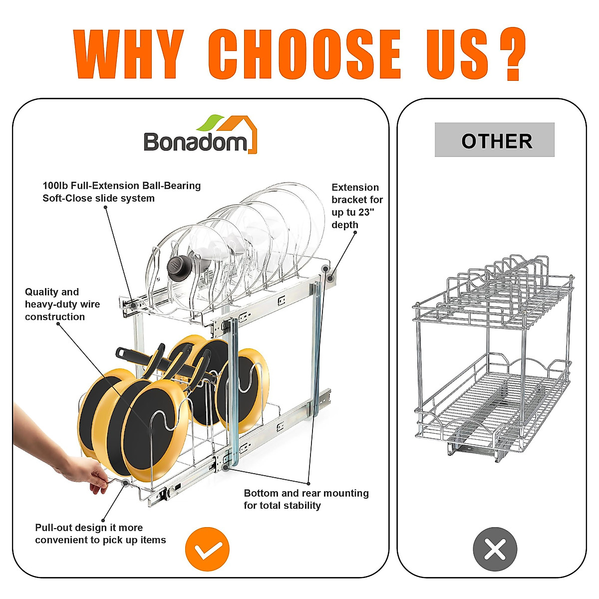BONADOM Pans and Pots Lid Kitchen Slide Out Pull Cabinet Organizer for Lid Cookware Cutting Board Bakeware Shelf Sliding Wire Rack-2 Tier Heavy Duty Under Sink 11”W x 21”D x 19.09”H