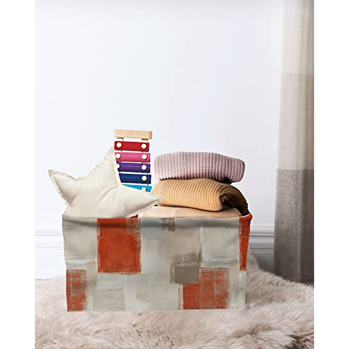 Large Capacity Storage Bins Orange Grey Brown Abstract Paint Storage Cubes, Collapsible Storage Baskets for Organizing for Bedroom Living Room Shelves Home 15x11x9.5 In