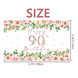Crenics 90th Birthday Decorations for Women, Rose Gold Floral Happy 90th Birthday Banner Backdrop for Female 90 Birthday Party Supplies, 5.9 x 3.6 Ft