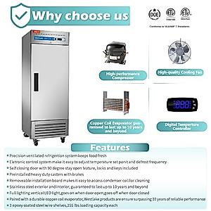 WESTLAKE 27" W Commercial Refrigerator Stainless Steel Reach in Solid Single Door Upright Fan Cooling 23 Cu.ft Cooler for Restuarant, Bar, Shop, etc