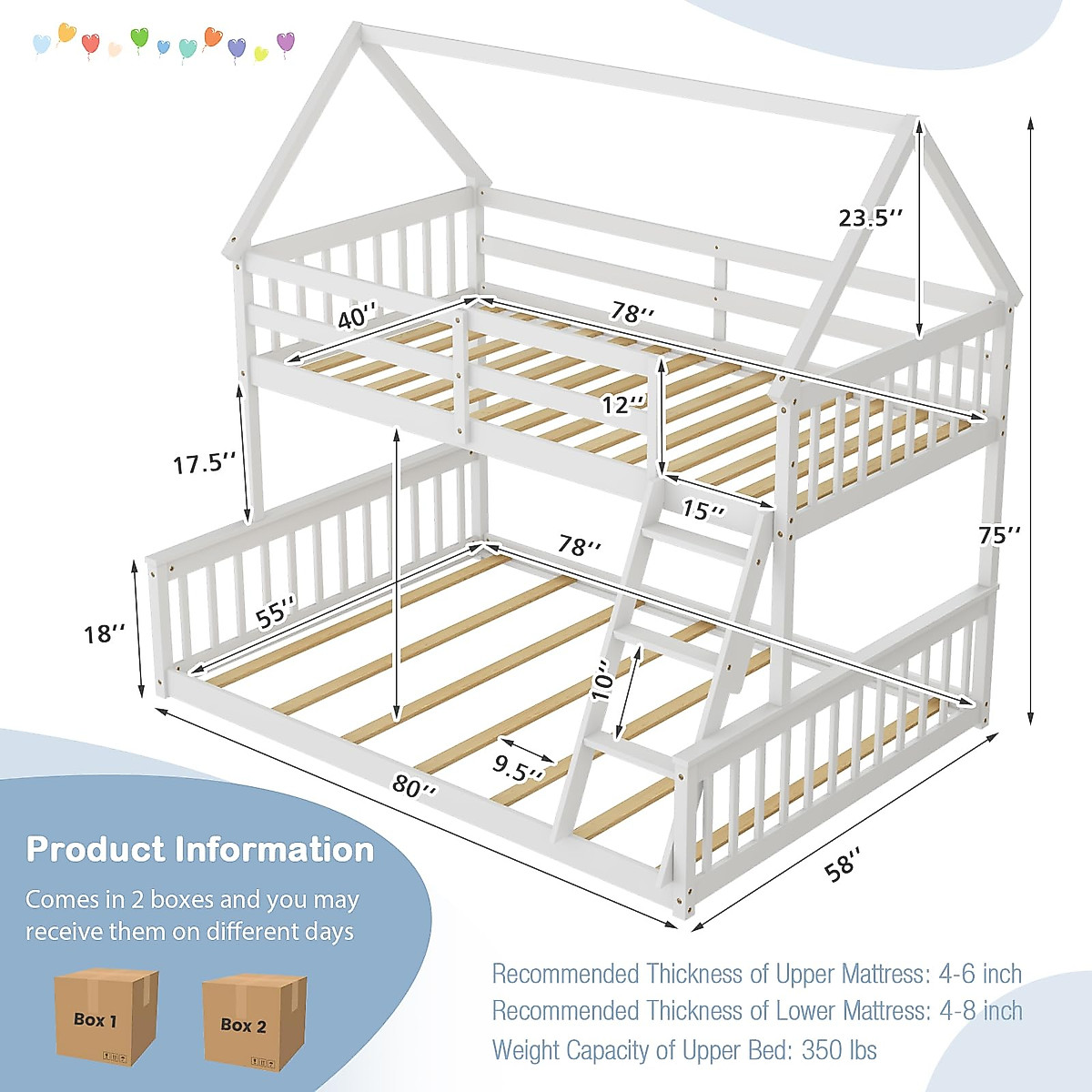 Giantex Wood Twin Over Full Bunk Bed, Solid Wood House Bed Frame Built in Ladder & Safety Guardrails, Convertible to 2 Beds, Floor Bunk Bed for Kids Teens Juniors, No Box Spring Needed, White