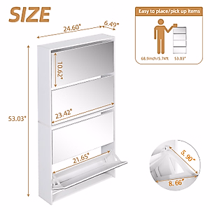 Shoe Storage Cabinet for Entryway Slim, White Wood Shoe Rack Organizer with 4 Flip Mirror Drawers, Freestanding Modern Narrow Shoes Storage Cabinet, Apartment, Living Room