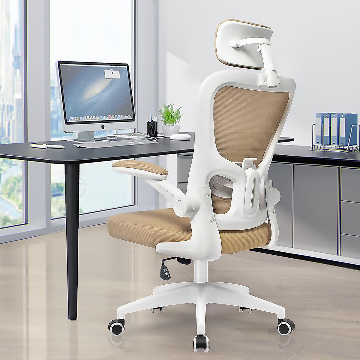 SenceHome Office Chairs, Ergonomic Office Chair, High Back Desk Chair with Adjustable Headrests, Lumbar Support and Flip-up Armrests, Breathable Mesh Computer Chair for Home Office (Khaki)