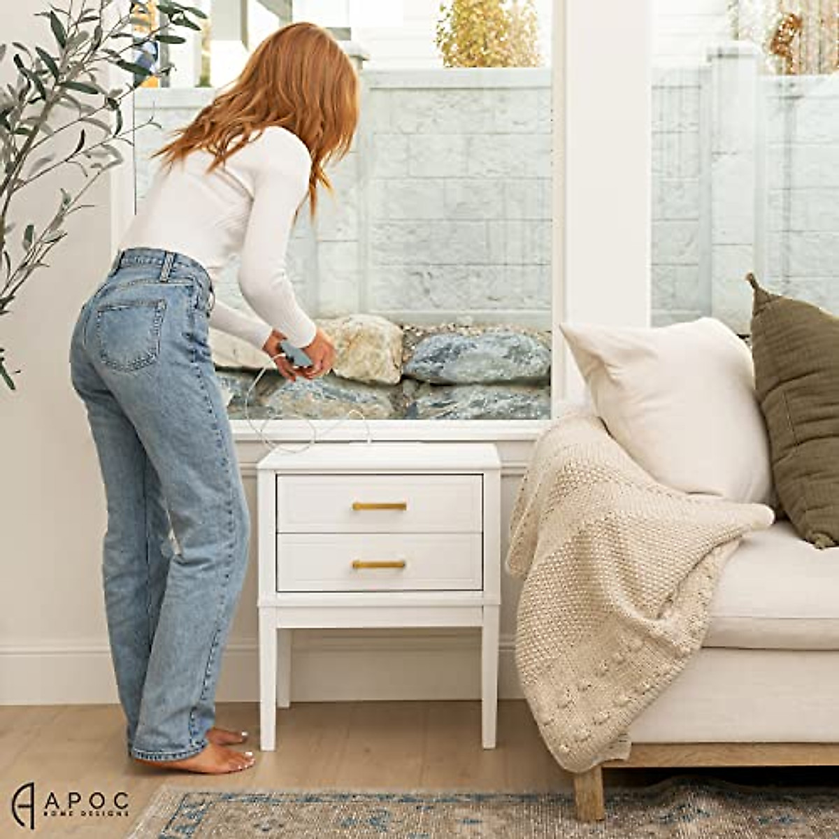 2 Drawer Side Table with Charging Station - Mid Century Modern Nightstand with Polished Gold Handles, 2 USB Ports & 2 Outlets - Multifunctional Smart Bedside Table for Your Home - 24" Tall (White)