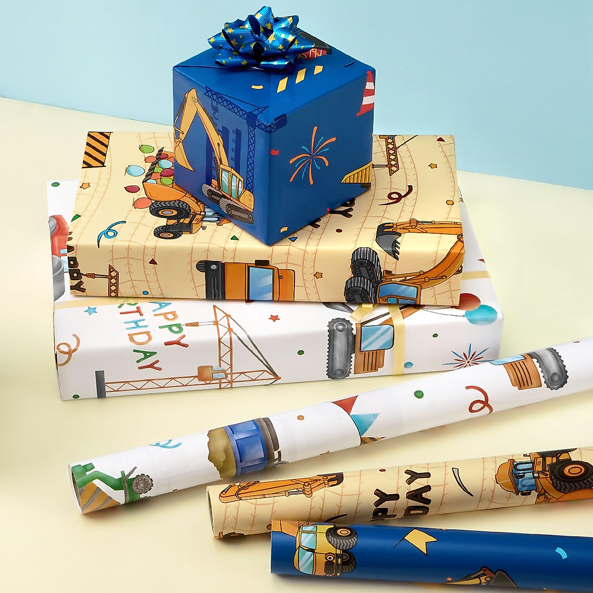 WERNNSAI Construction Wrapping Paper Rolls - 3 Short Rolls Birthday Wrapping Paper Rolls Kids Boys Wrapping Paper Rolls Trucks Wrapping Paper Blue Yellow White Gift Wrapping Paper with Cut Lines 17 in x 10 ft