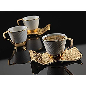 DEMMEX Stunning Espresso Turkish Coffee Cups with Metal Holders and Saucers Set for 6, 2.6 Ounces (White - Gold)