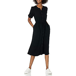 Amazon Essentials Women's Relaxed Fit Half-Sleeve Waisted Midi A-Line Dress, Black, Medium
